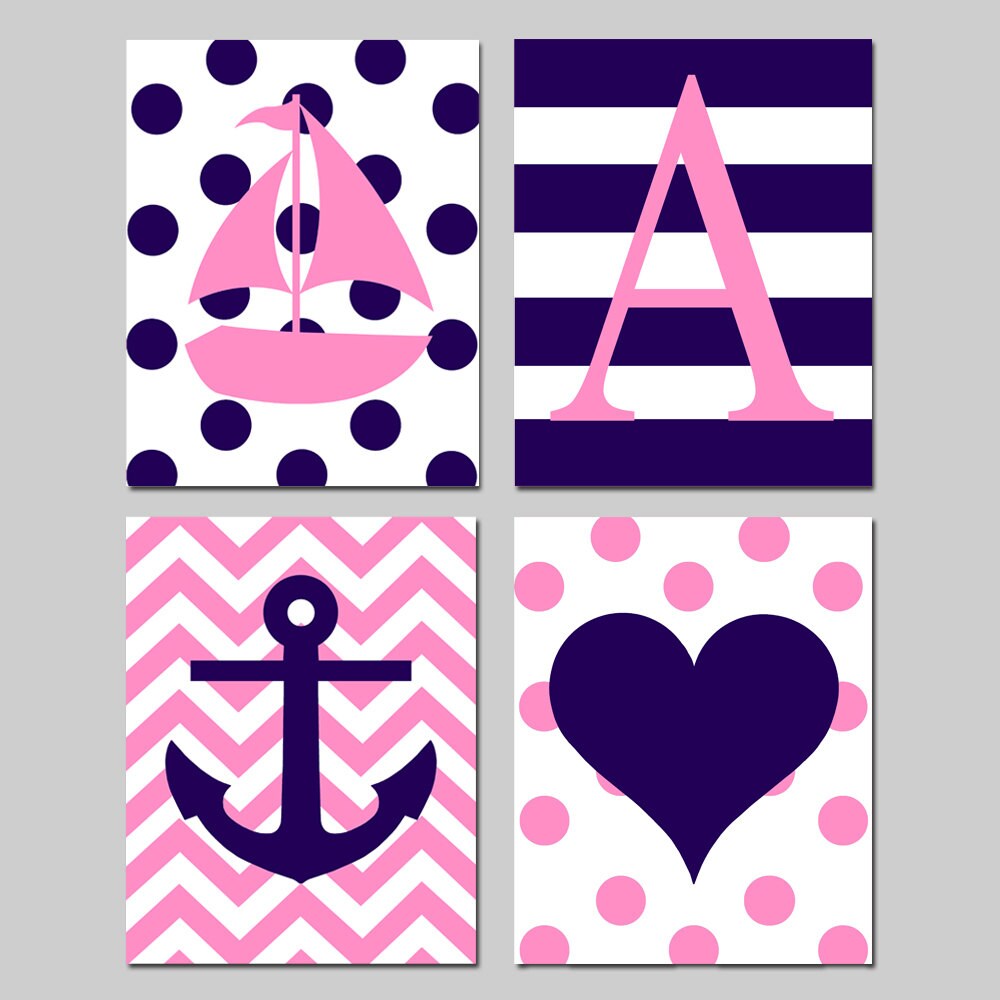 Girl Nautical Art Girl Room Pink and Navy Nursery Art | Etsy