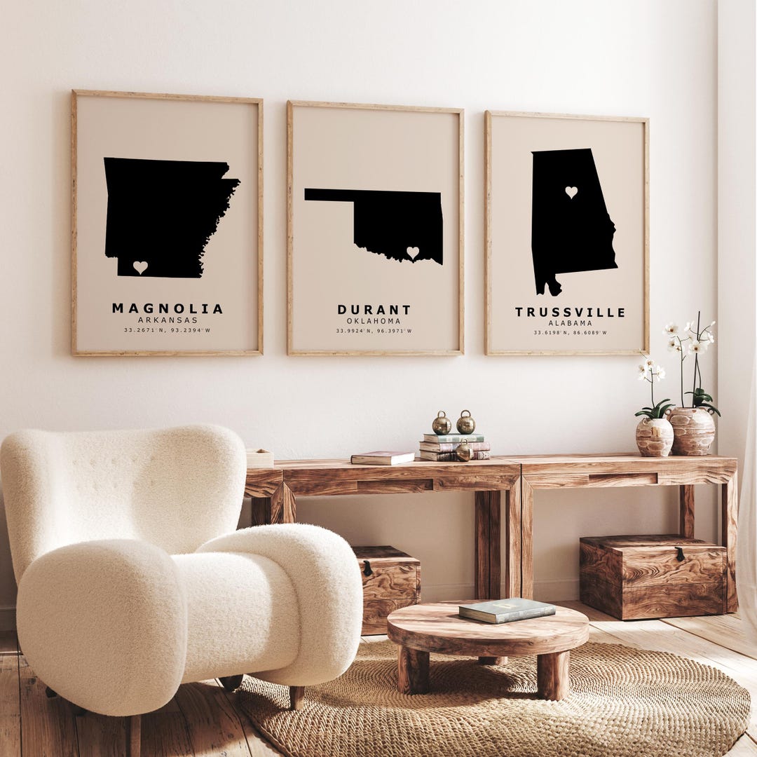 State Art With City Names, Set of 3 State Prints With Coordinates ...