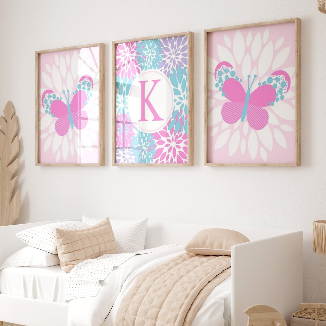 Butterfly Wall Art for Girls Room Decor, Pink Butterflies Art, Floral ...
