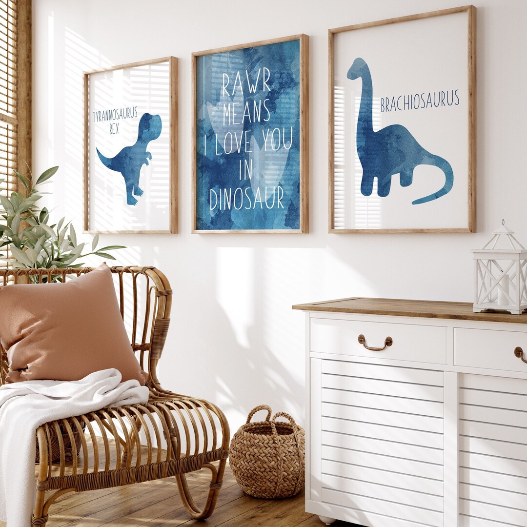 Blue Dinosaur Wall Art, Dinosaur Room Decor Boy, Blue Watercolor ...