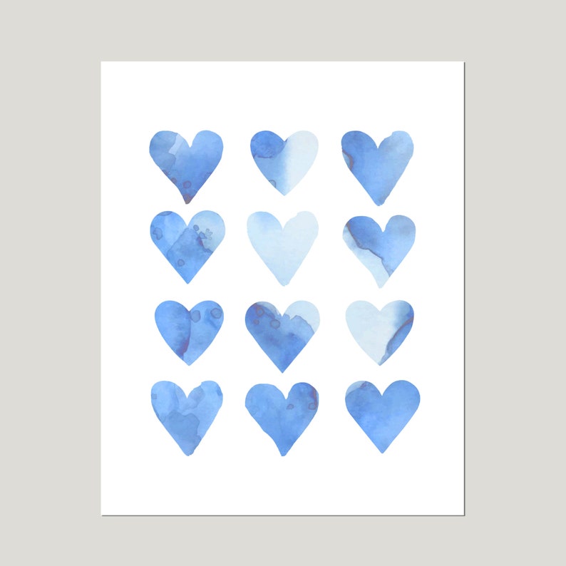 Watercolor Hearts Art Print, Blue Heart Art, Teen Girl Bedroom Decor ...