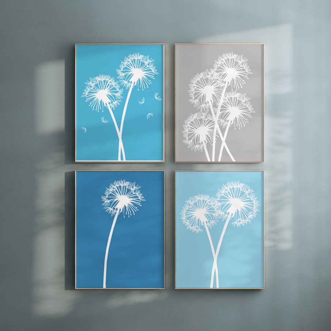Dandelion Floral Art, Dandelion Prints Blue Dandelion Flower Art, Aqua ...