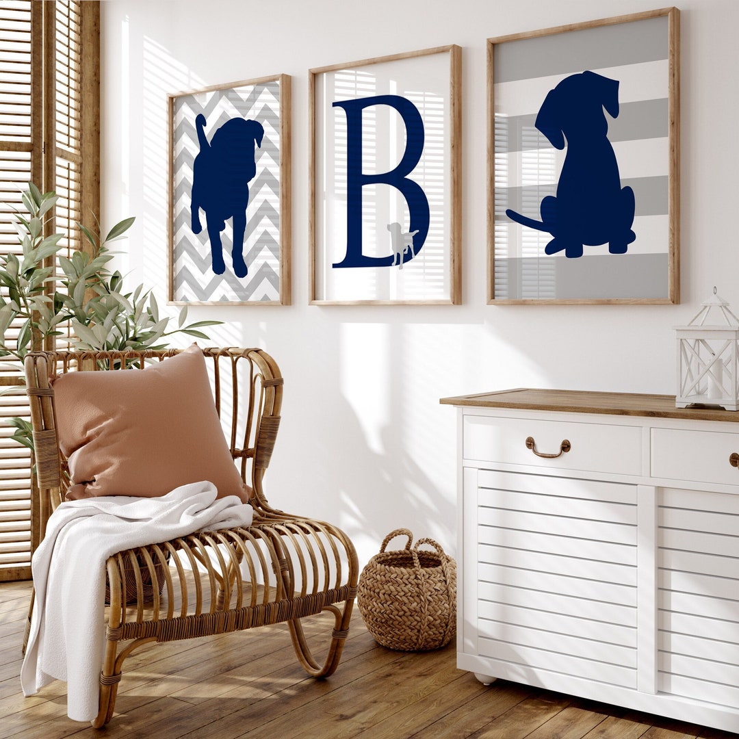 Dog Prints for Nursery Decor, Navy Blue Puppy Nursery Art Pictures ...