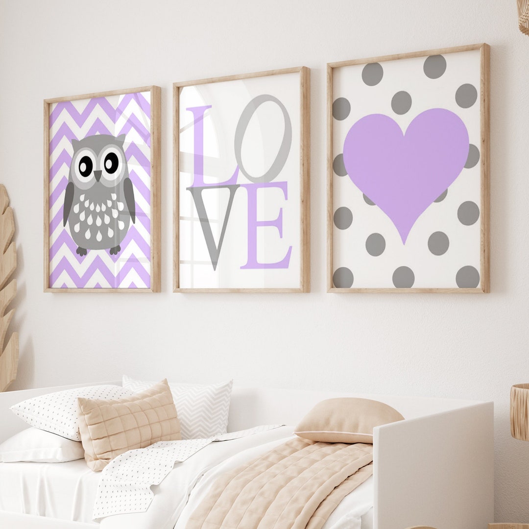 Girls Owl Nursery Art Chevron Owl Decor Purple Nursery Art Lavender Owl ...
