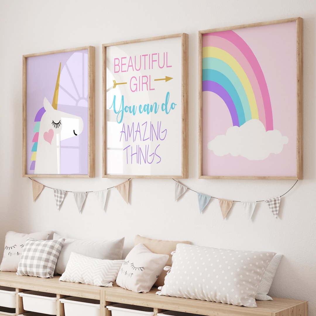 Girls Wall Art Unicorn Decor, Little Girl Room Decor, Pastel Rainbow ...