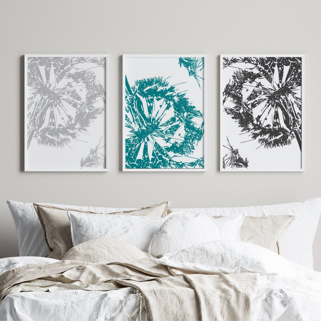 Abstract Dandelion Art, Set of Three Coordinating Modern Floral Prints ...