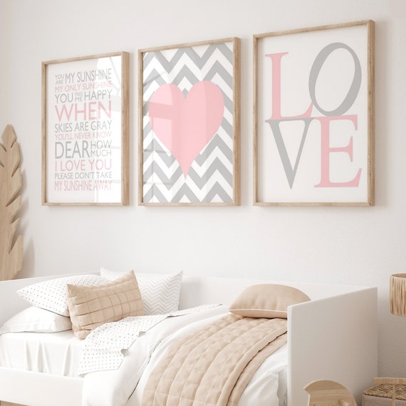Young Girl Bedroom Decor Room Decor for Little Girls Chevron Heart Print Pink You Are My Sunshine Sign Love Set of 3 PRINTS OR CANVAS Etsy