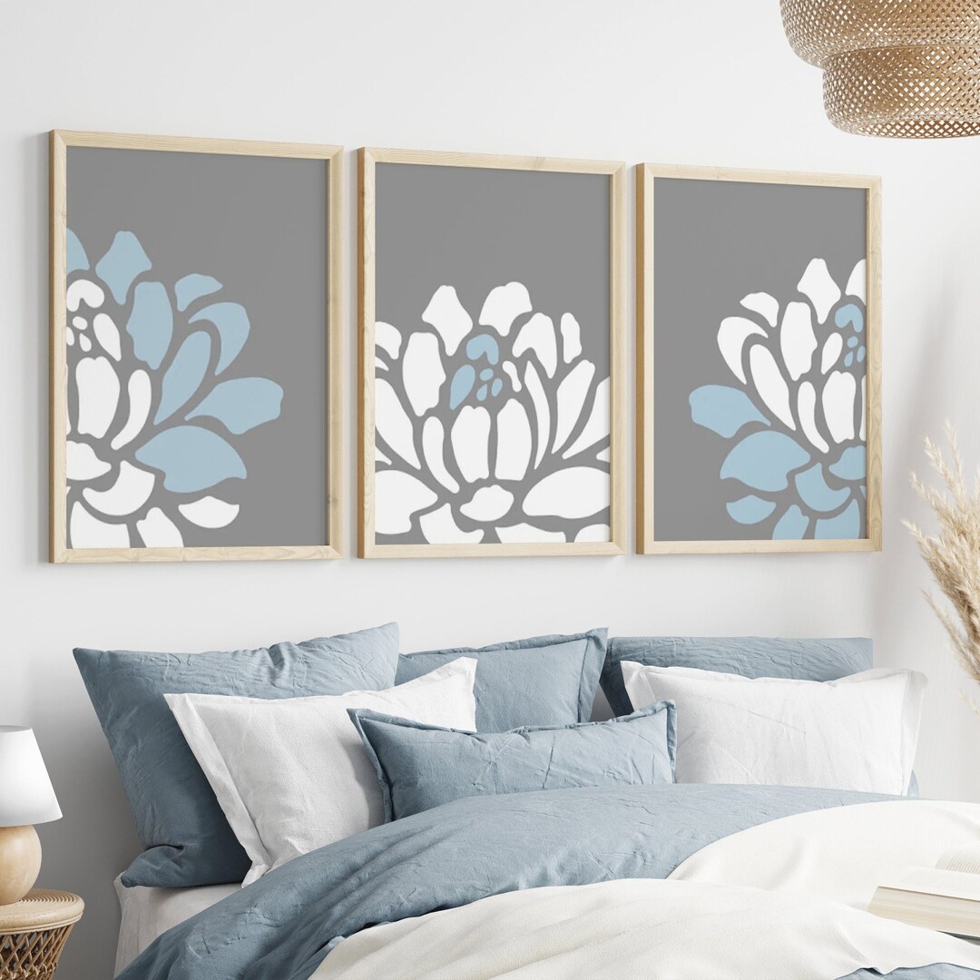 Modern Floral Art, Blue Grey Flower Wall Art, Large Scale Floral Art ...