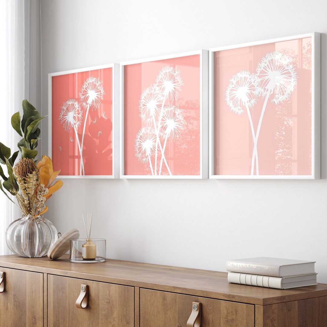 Coral Dandelion Art Coral Dandelion Bathroom Art, Set of 3 Dandelion ...
