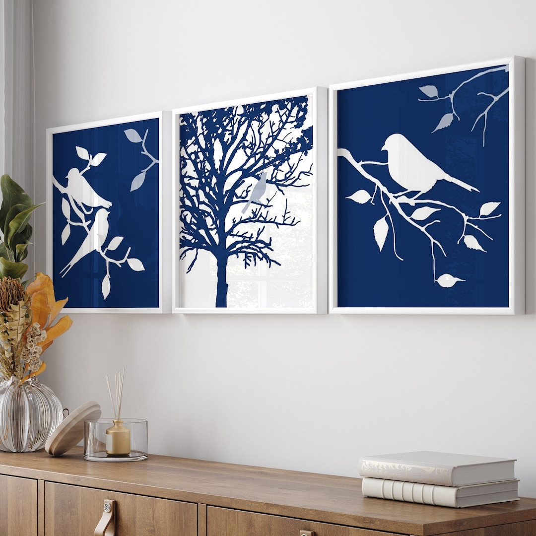Bird Art, Navy Blue Bird Prints, Nature Wall Art, Bird in a Tree Print ...