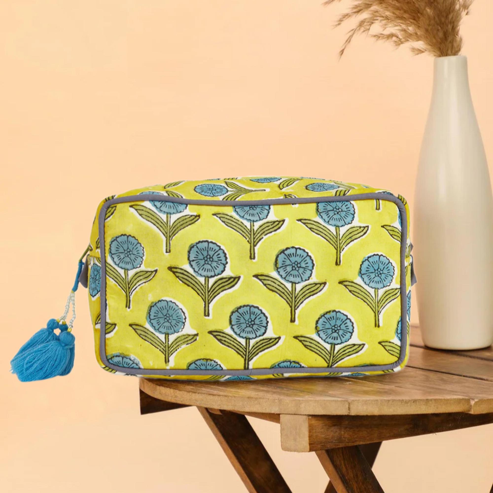 Blue Flower Cotton Clutch: Block Print Pouch, Travel Organizer - Etsy