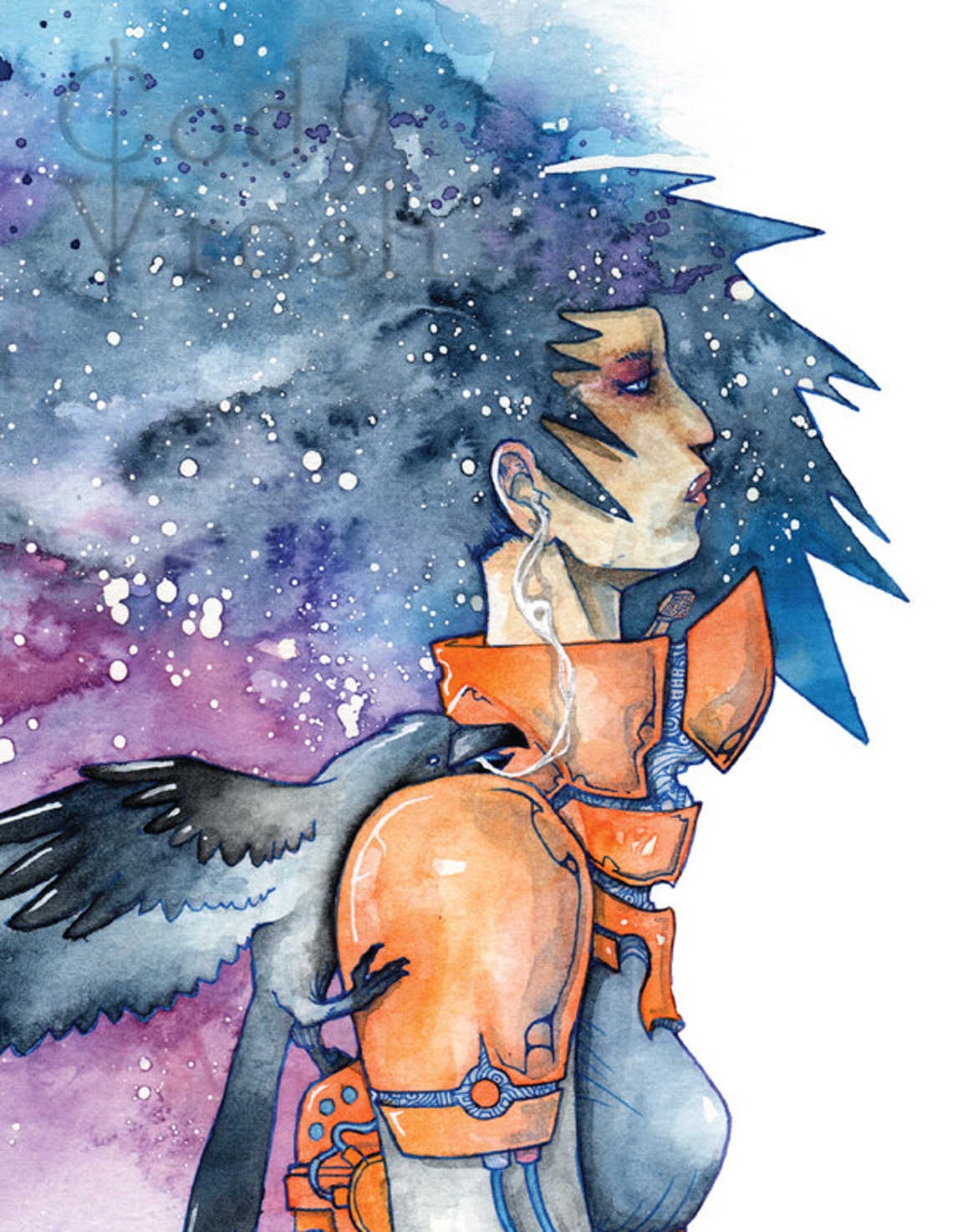 Space Art Print, Celestial Watercolor, Crow Art, Galaxy Print ...