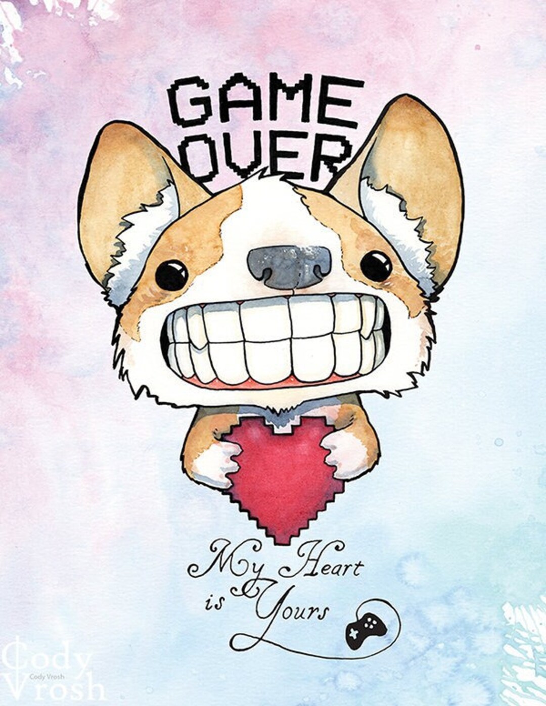 Game Over Corgi, Video Game Art Print, Valentines Gift for Him, Gift ...