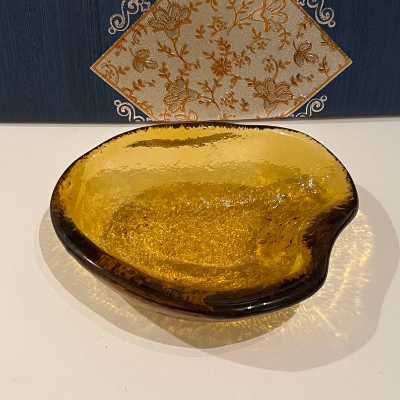 Blenko Glass Freeform Catch All Dish Amber Yellow Ash Tray Candy Bowl ...