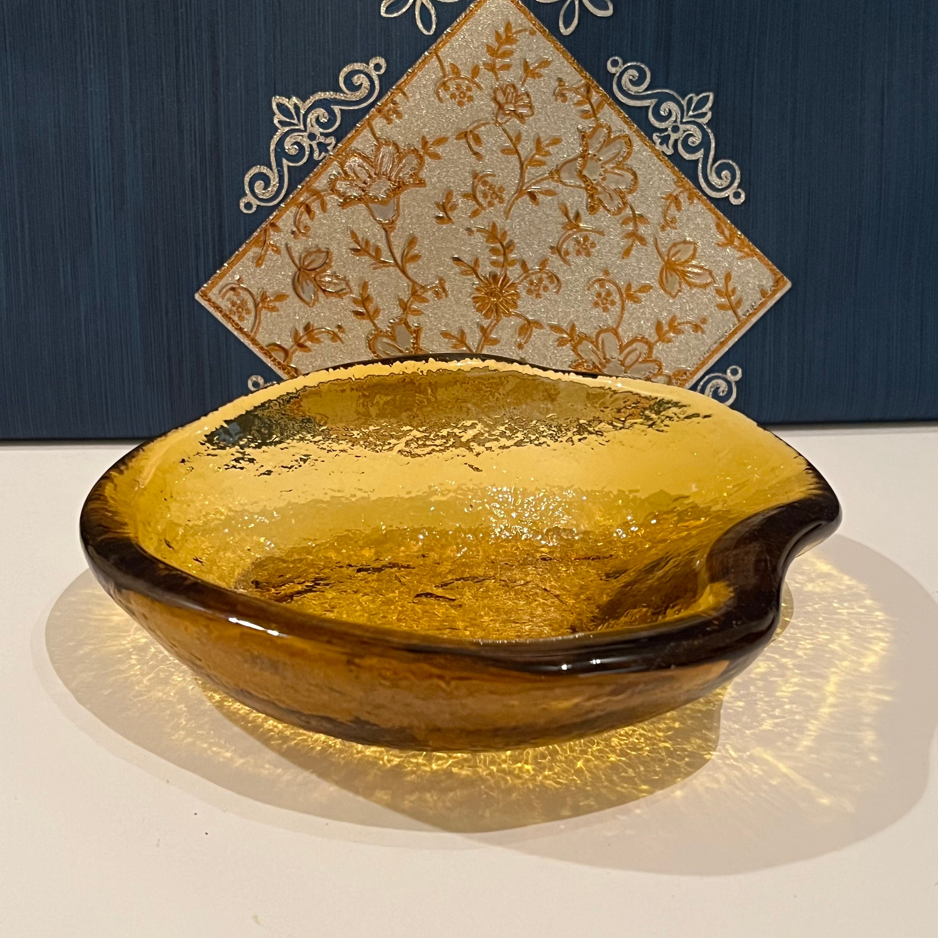 Blenko Glass Freeform Catch All Dish Amber Yellow Ash Tray Candy Bowl ...