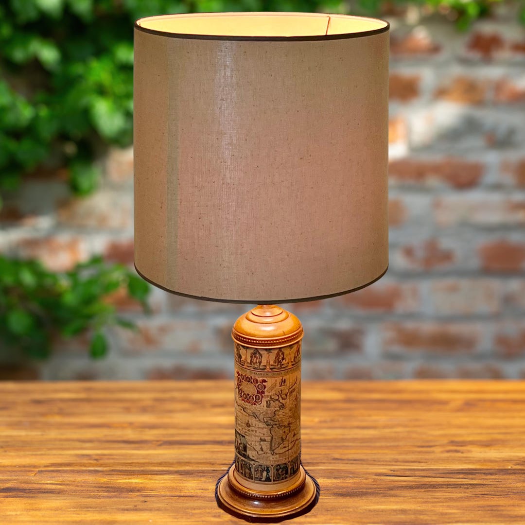 Vintage World Map Table Lamp With Beige Cylinder Lamp Shade - Etsy