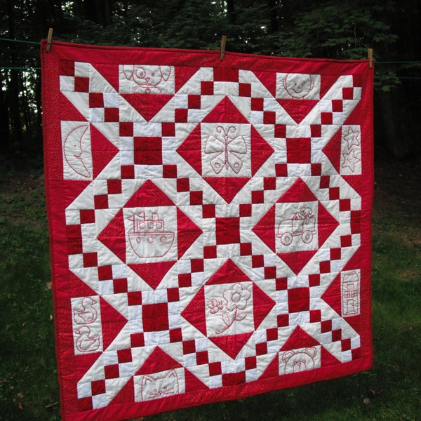 Redwork Quilt - Etsy