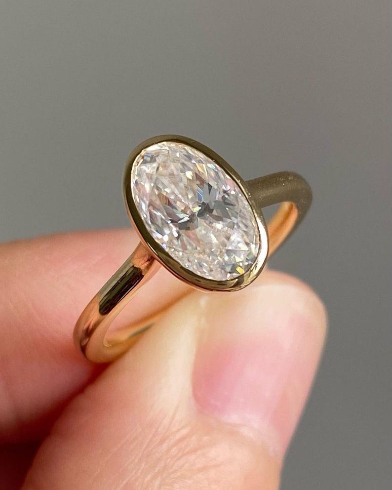 Oval-cut Lab Grown Diamond Solitaire Engagement Ring, 10K Yellow Gold Full Bezel Minimalist ...