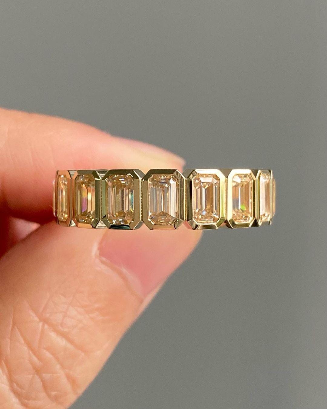 Champagne Lab Grown Emerald Cut Engagement Ring 14K Solid Gold Half ...