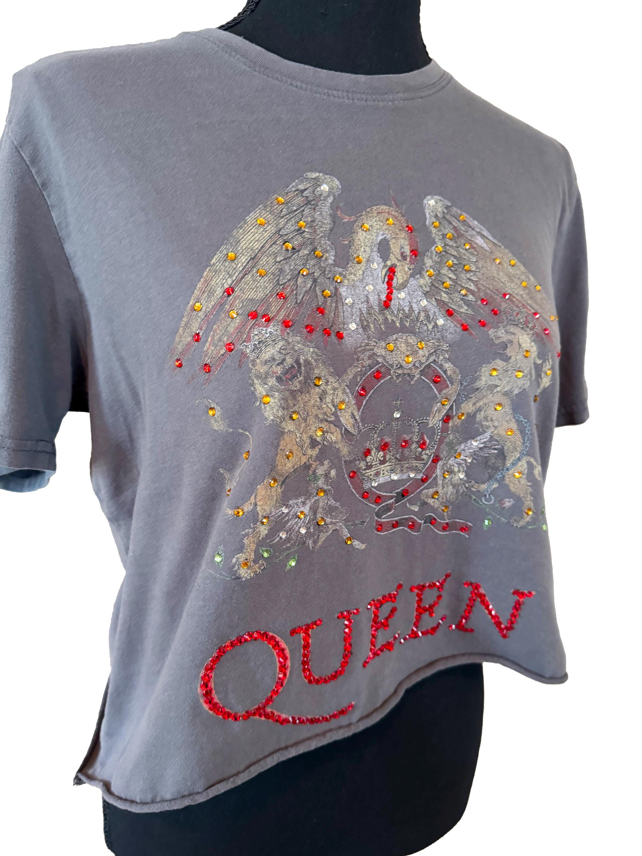 Hand Embellished Cropped Queen Band Tee – Rock & Roll Rhinestone ...