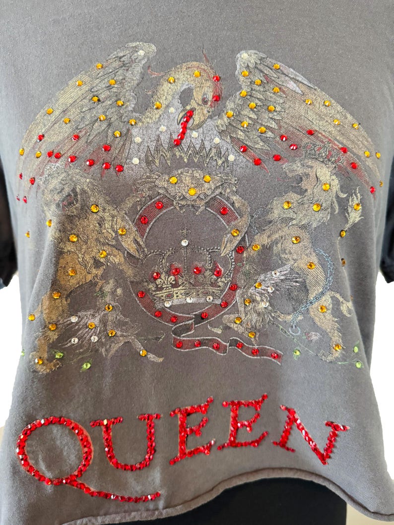 Hand Embellished Cropped Queen Band Tee – Rock & Roll Rhinestone ...