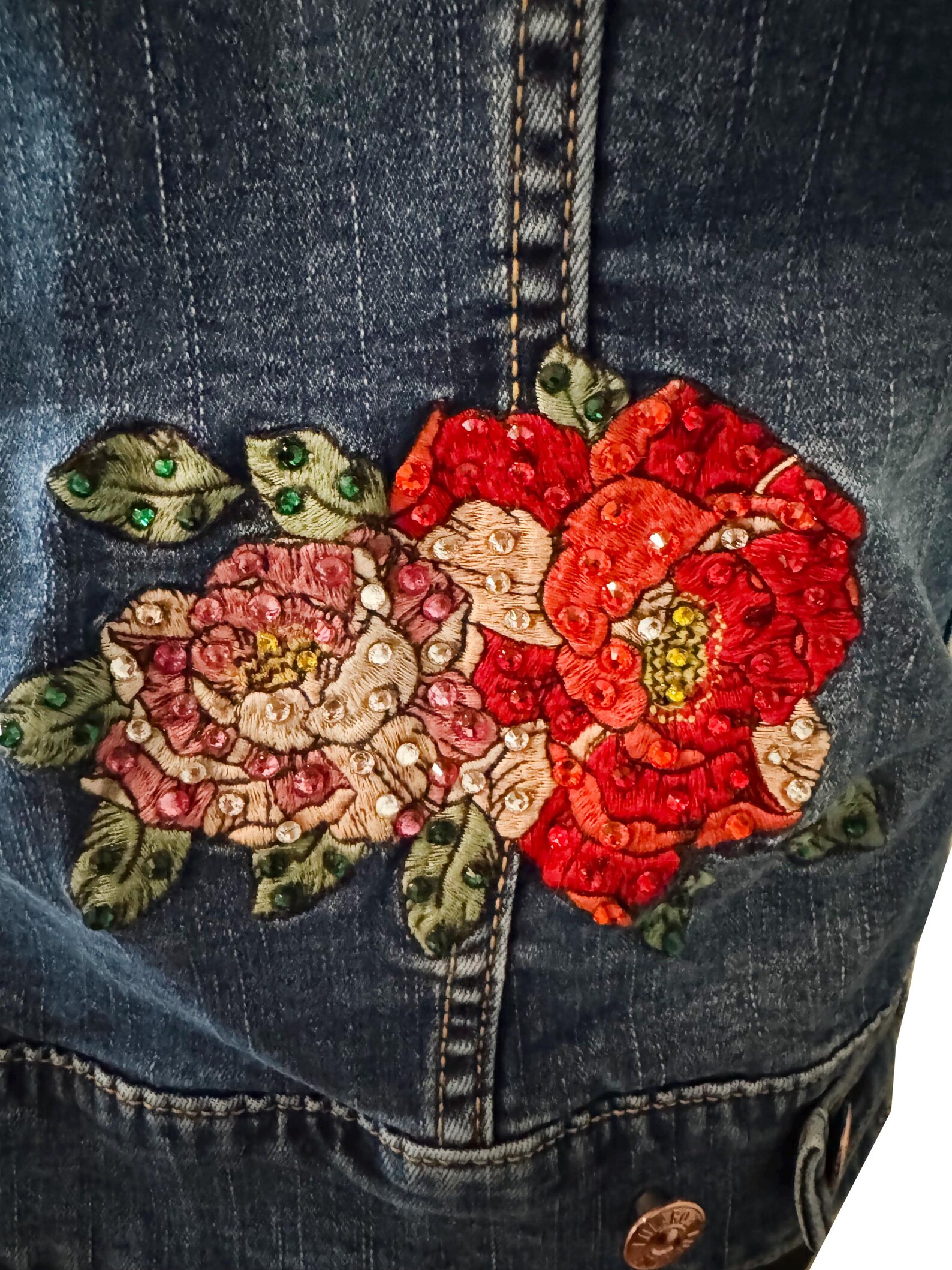 Upcycled Blue Denim Vest – Floral Embroidered & Rhinestone Hand ...