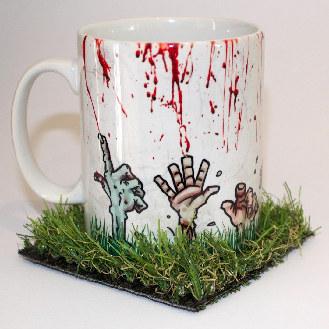 Zombies Rising Mug With Grass Coaster - Funny Mug Cup for Halloween ...