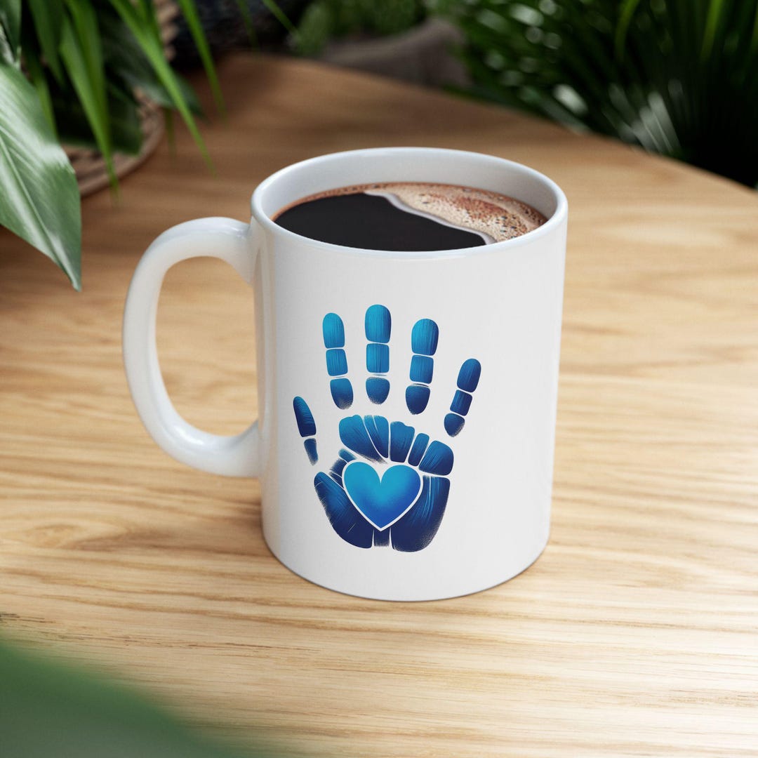 Child Abuse Prevention Blue Palm Print Heart Ceramic Mug, Counselor ...