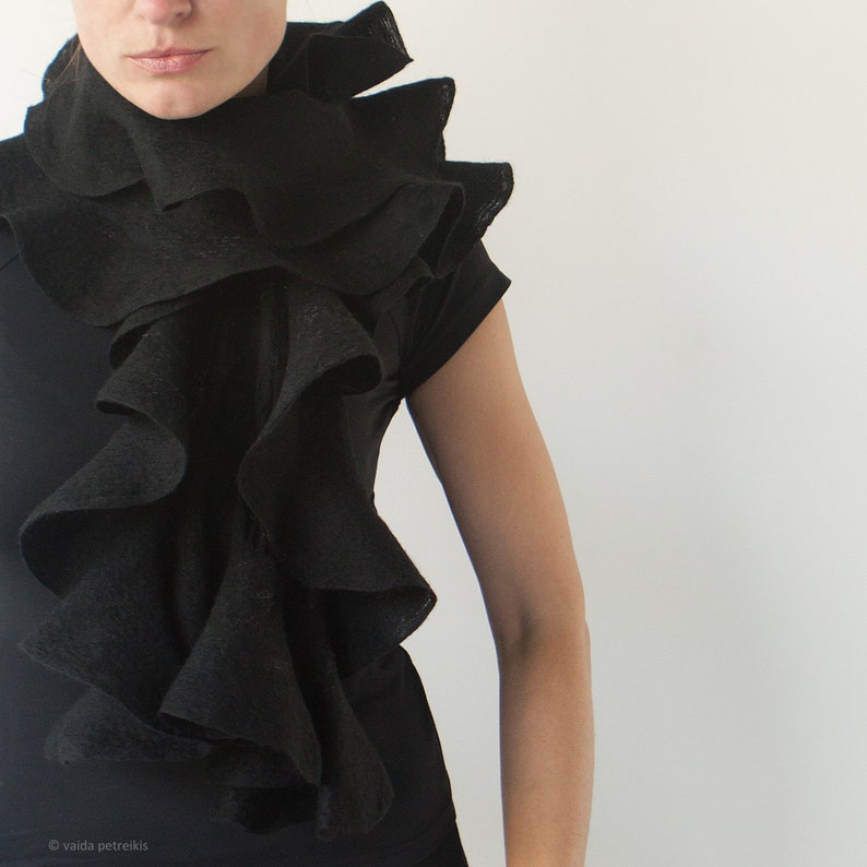 Black Ruffle Shawl, Elegant Nuno Felted Statement Scarf, Eco Fashion ...