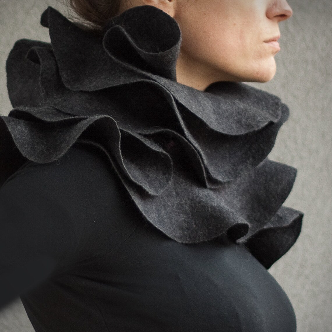 Elegant Statement Ruffle Scarf Sculptural Charcoal Grey Nuno - Etsy