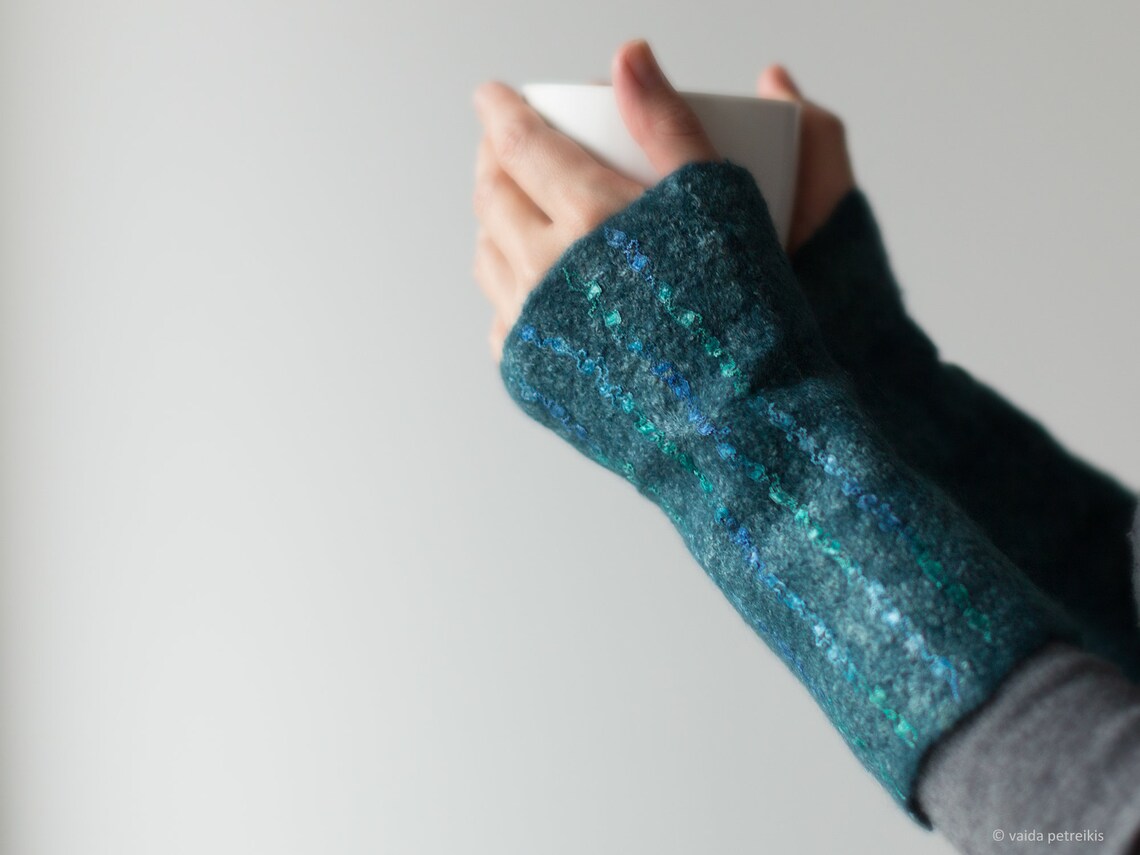 Fingerless Gloves Teal Wool Mittens for Women Eco Friendly - Etsy