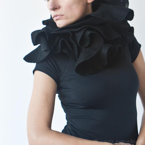 Black Ruffle Shawl, Elegant Nuno Felted Statement Scarf, Eco Fashion ...