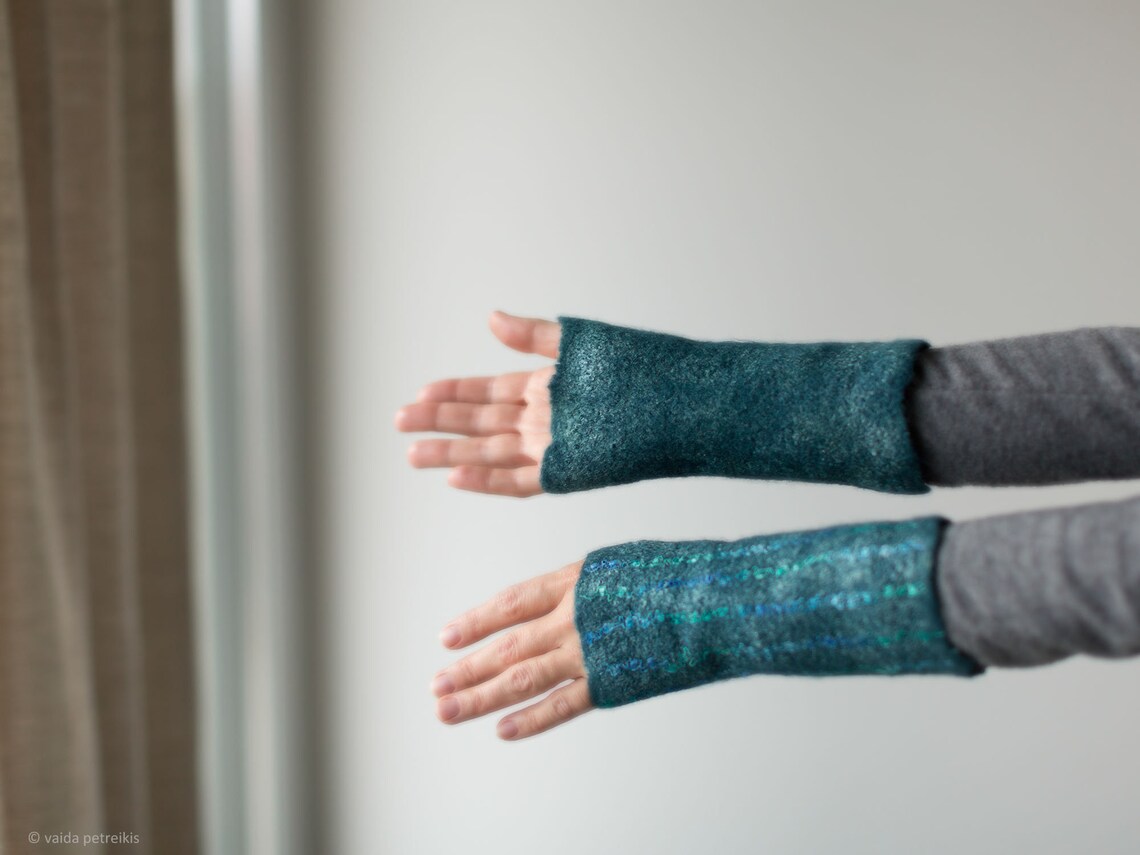 Fingerless Gloves Teal Wool Mittens for Women Eco Friendly - Etsy