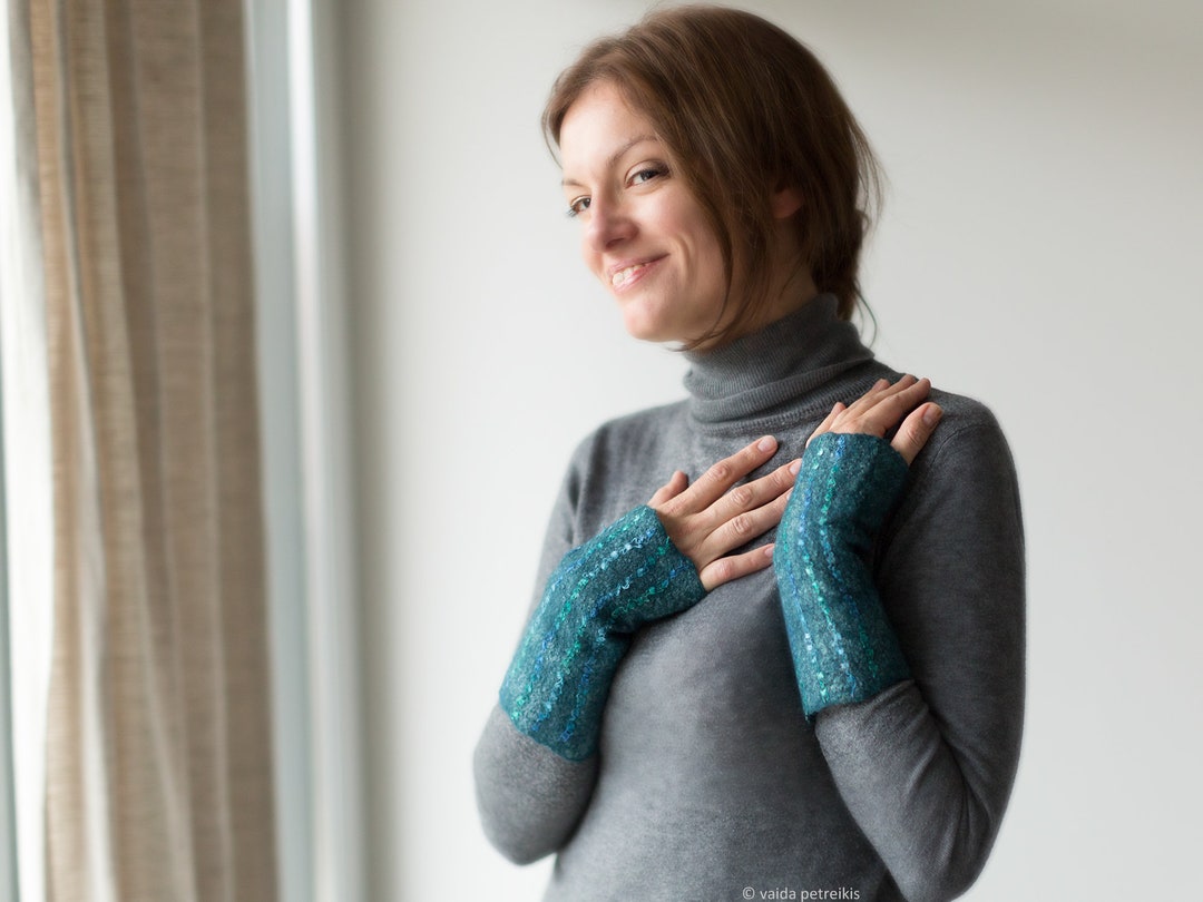 Fingerless Gloves, Teal Wool Mittens for Women, Eco Friendly Fancy Yarn ...