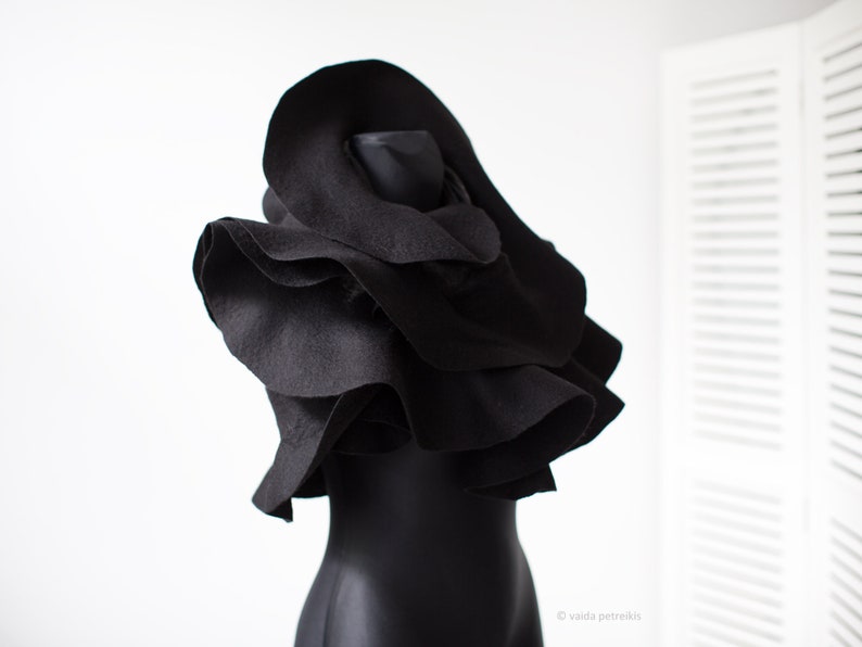 Black Ruffle Shawl, Elegant Nuno Felted Statement Scarf, Eco Fashion ...