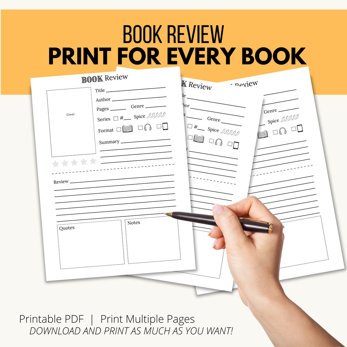Book Review Printable, Digital Print Book Log, Literary Review, Book ...