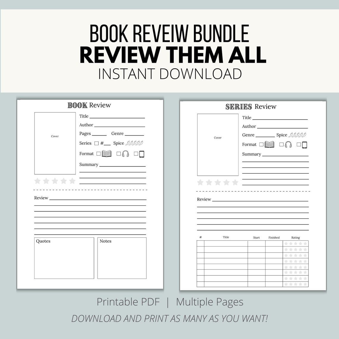 Book Review Bundle, Book and Series Review, Printable Book Reviews ...