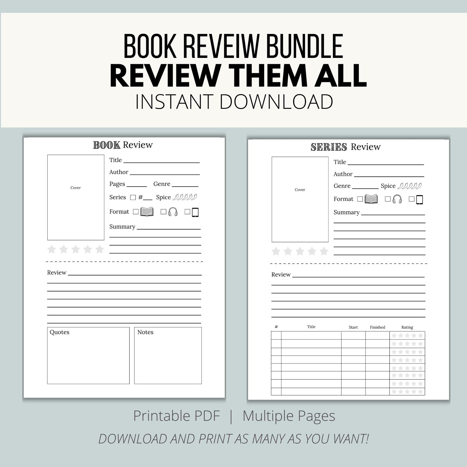 Book Review Bundle, Book and Series Review, Printable Book Reviews ...