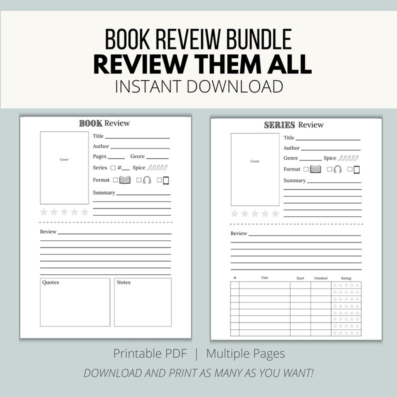 Book Review Bundle, Book and Series Review, Printable Book Reviews ...