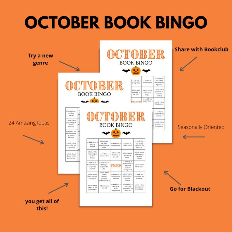 October Book Bingo, Printable Book Bingo, Monthly Book Bingo, Halloween ...