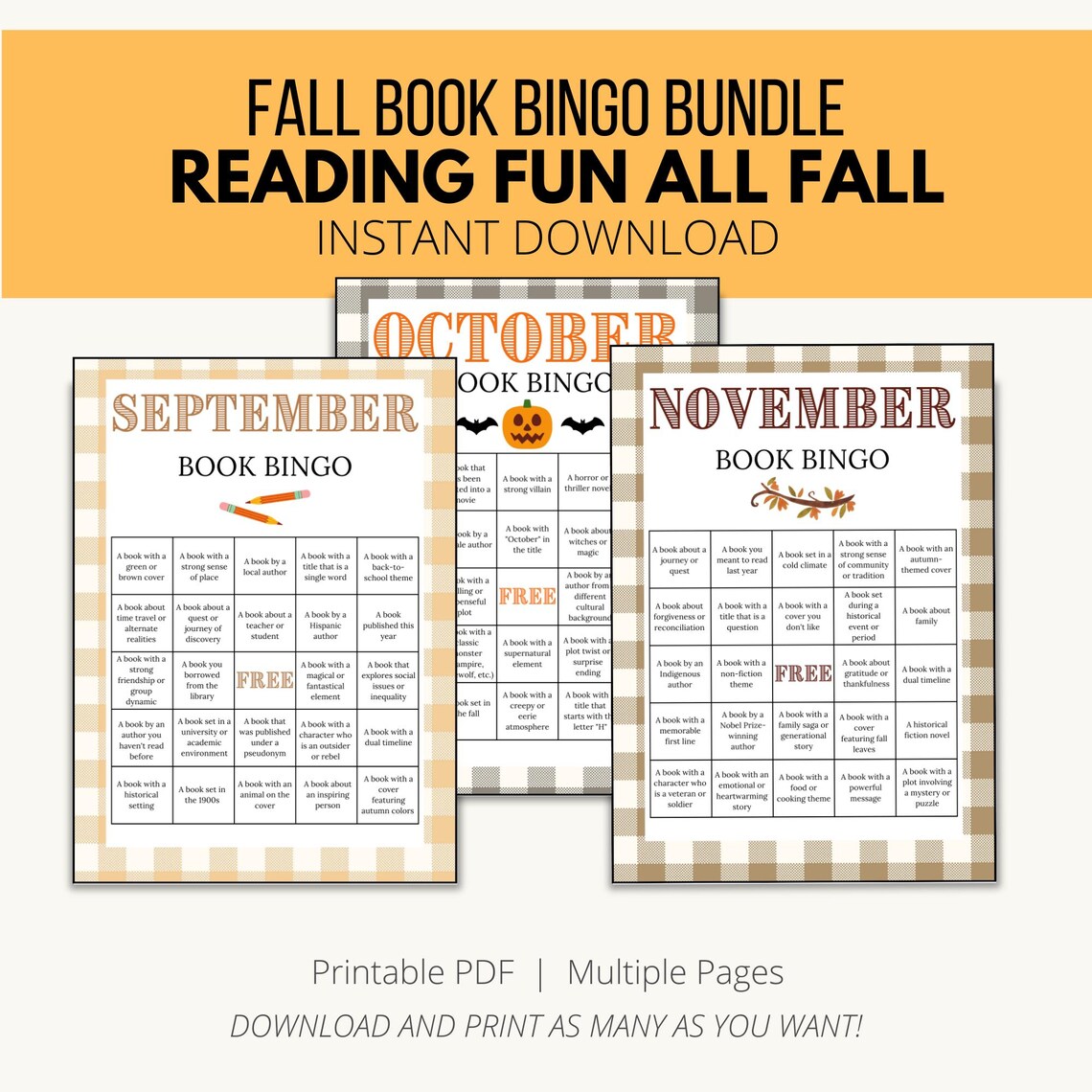 Fall Book Bingo Bundle, Printable Book Bingo, Autumn Book Reads, Fall ...