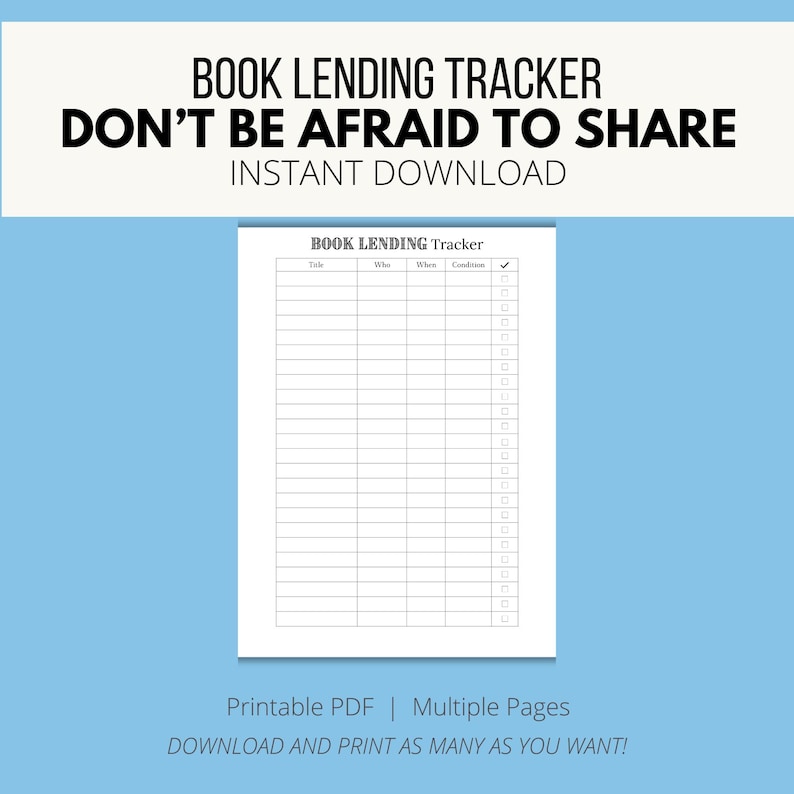 Printable Book Lending Tracker, Library Tracker, Book Journal Pages ...