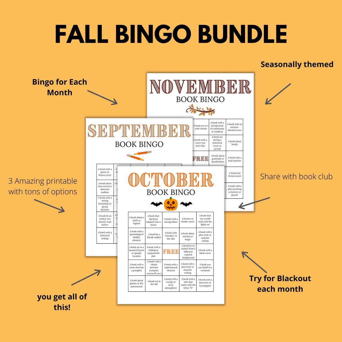 Fall Book Bingo Bundle, Printable Book Bingo, Autumn Book Reads, Fall ...