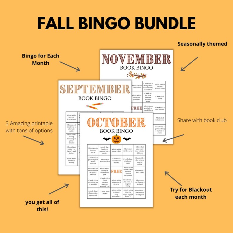 Fall Book Bingo Bundle, Printable Book Bingo, Autumn Book Reads, Fall ...