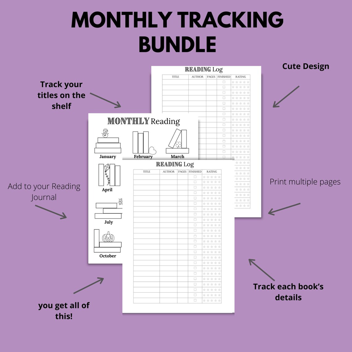 Monthly Book Tracker, Reading Tracker, Yearly Reading Bookshelf Tracker ...