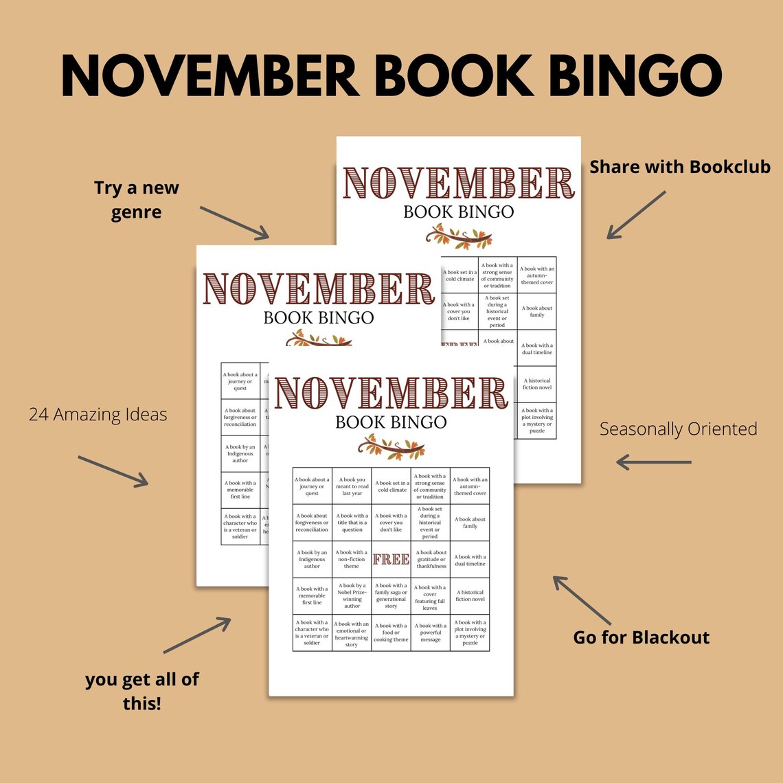 November Book Bingo, Monthly Book Bingo, Fall Reading Games, Reading ...