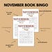 November Book Bingo, Monthly Book Bingo, Fall Reading Games, Reading ...