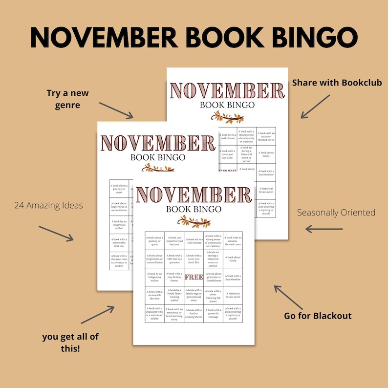 November Book Bingo, Monthly Book Bingo, Fall Reading Games, Reading ...
