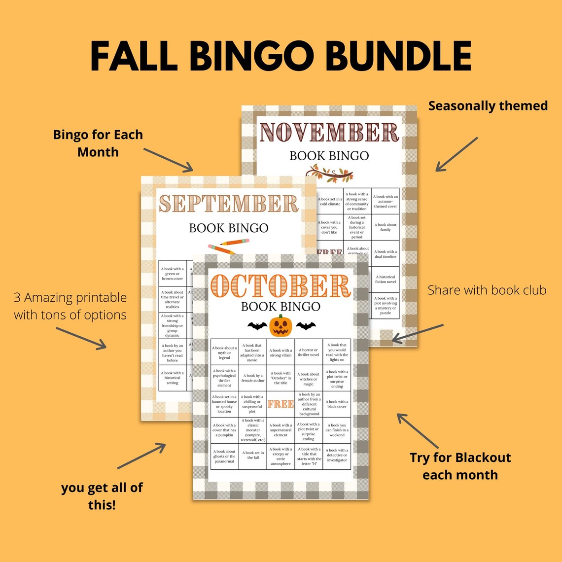Fall Book Bingo Bundle, Printable Book Bingo, Autumn Book Reads, Fall ...