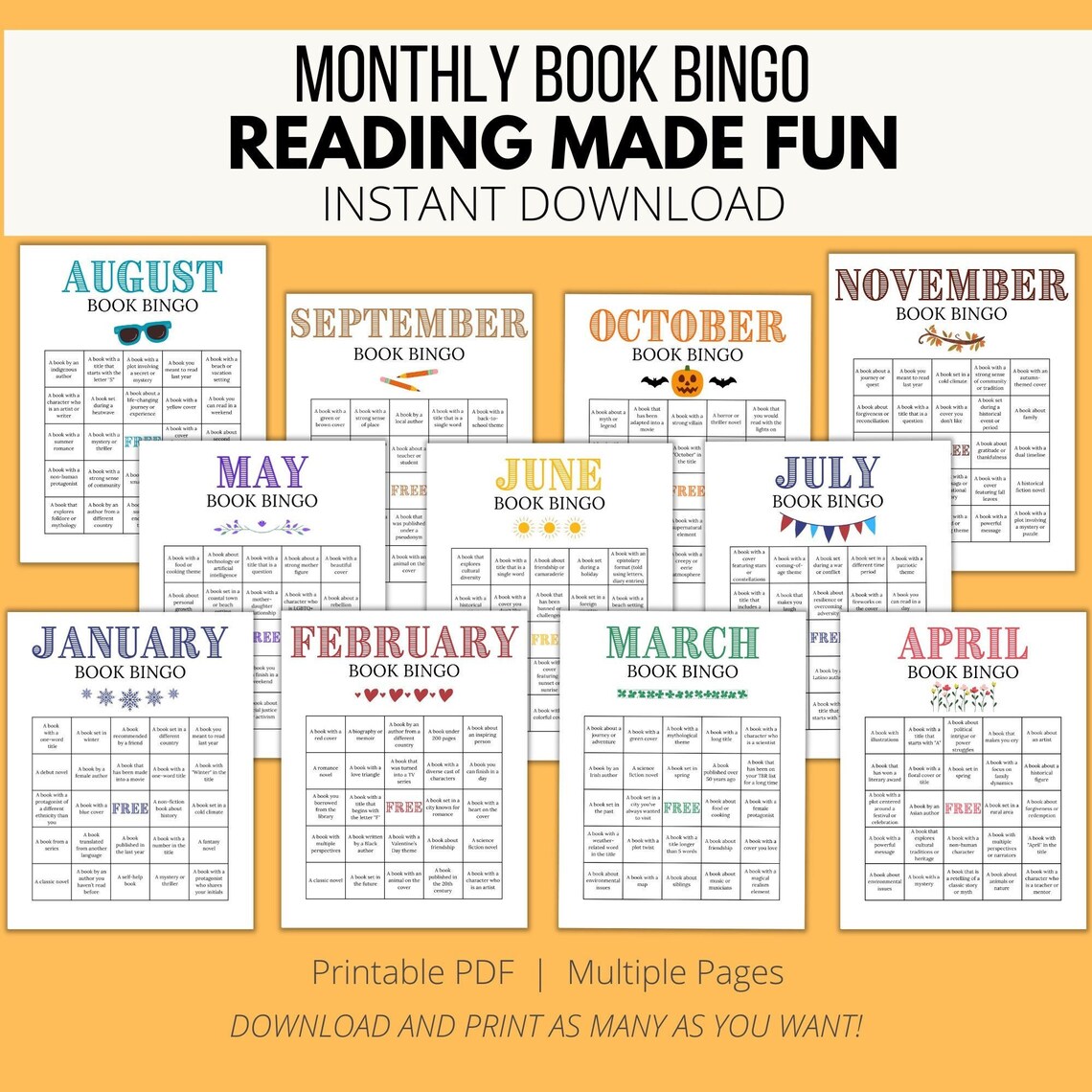Monthly Book Bingo, Book Lovers Bingo, Adult Book Bingo Template ...